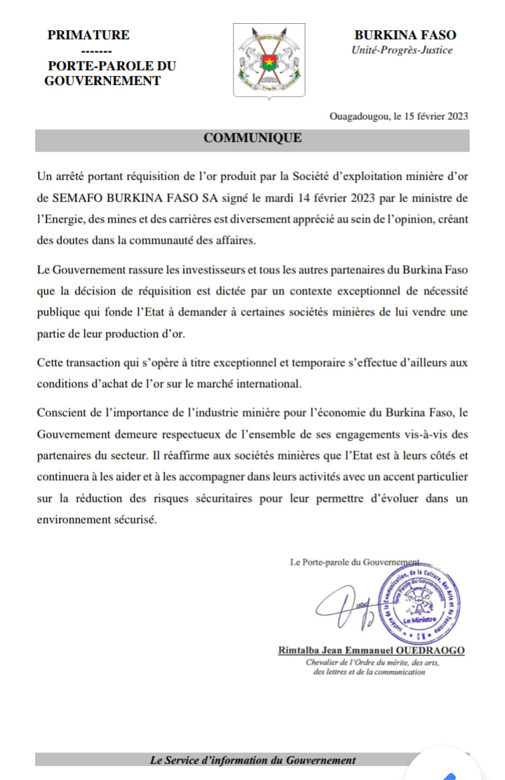 Communiqué du gouvernement portant réquisition de l'or produit par la ...